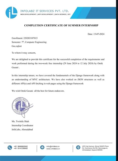 Finished Python Django Internship With Infolabz Omik Gusani Posted On