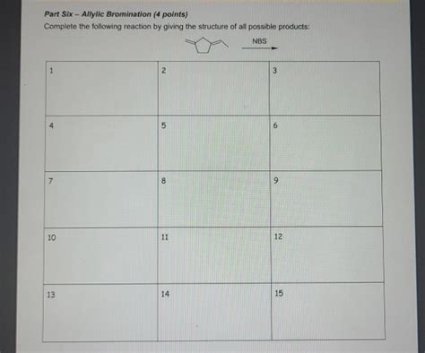 Solved Part Six - Allylic Bromination (4 points) Complete | Chegg.com