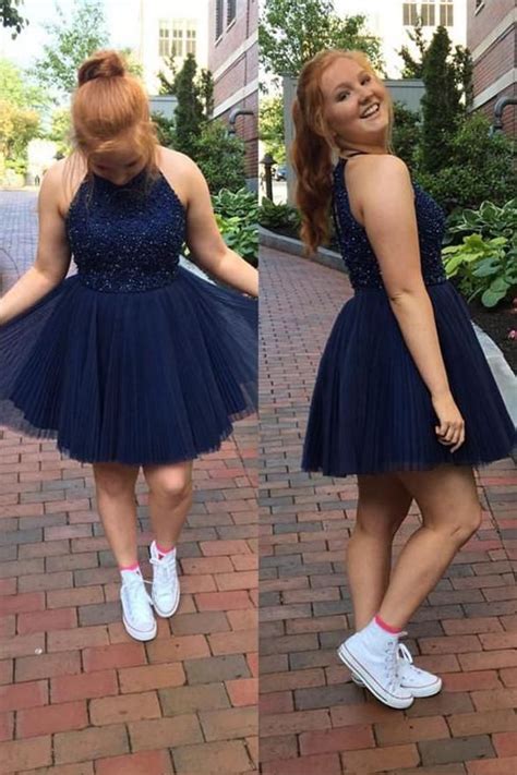 Chic Halter Back O Navy Blue Beaded Short Prom Dresses Formal Homecoming Dress Ld2048 Prom