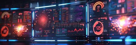 A Futuristic Computer Monitor Displaying An Abstract Network Monitoring Dashboard With Swirling