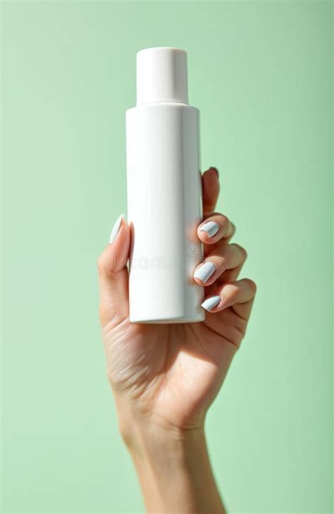 Female Hand Holds White Bottle On Pastel Green Background Skincare