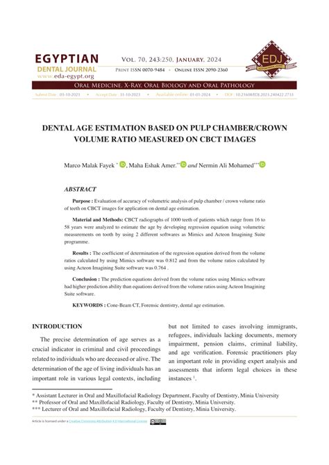 Pdf Dental Age Estimation Based On Pulp Chambercrown Volume Ratio