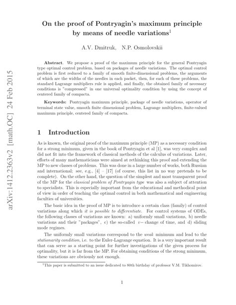Pdf On The Proof Of Pontryagins Maximum Principle By Means Of Needle