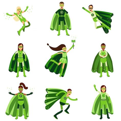 Conjunto de personajes de superhéroes ecológicos masculinos y femeninos