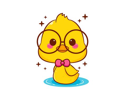 Cute Little Nerd Duck Swimming With Glasses Cartoon Character Isolated