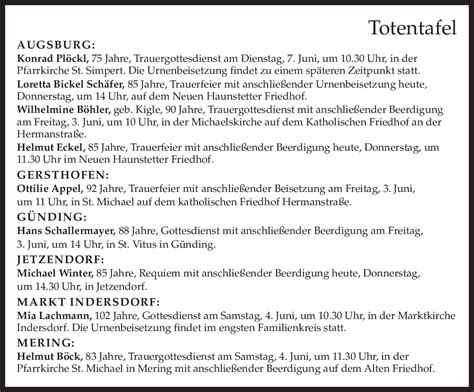 Totentafel Aichacher Zeitung TrauerportalTrauerportal Der Aichacher