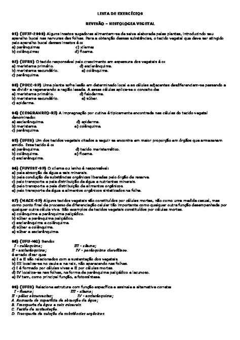 LISTA DE EXERCÍCIOS HISTOLOGIA VEGETAL PDFCOFFEE
