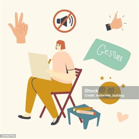의자 페인팅 제스처에 앉아 여성 캐릭터 여자는 단어없이 손 제스처를 사용하여 청각 장애인과 바보 언어를 사용합니다 아니 소리