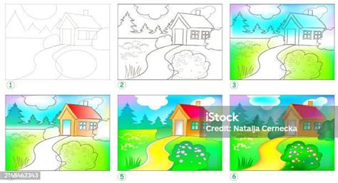 페이지는 풍경을 그리는 방법을 단계별로 배우는 방법을 보여줍니다 그림 그리기 및 채색 기술을 개발합니다 벡터 이미지입니다 개발에 대한 스톡 벡터 아트 및 기타 이미지