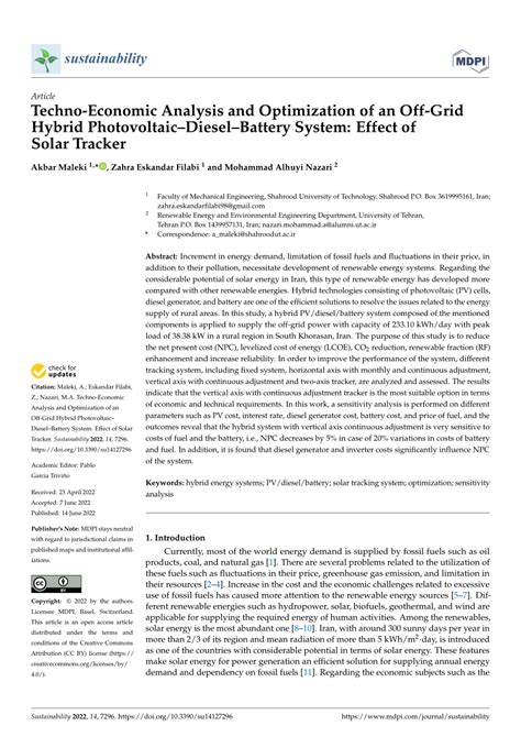 Pdf Techno Economic Analysis And Optimization Of An Off Grid Hybrid Photovoltaic Diesel