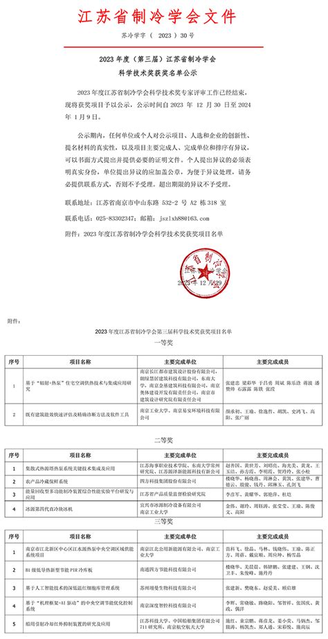 2023年度（第三届）江苏省制冷学会科学技术奖获奖名单公示 通知公告 新闻中心 江苏省制冷学会官方网站