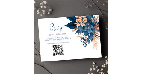 Modern Floral Indigo Rust Qr Code Wedding Rsvp Card Zazzle