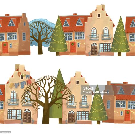 흰색 배경에 고립 된 나무와 밝은 오래 된 2 층 집의 Illustartion 겨울 거리는 휴일에 장식 되어 있습니다 작은 겨울 마에 대 한 두 개의 수평 원활한 국경입니다