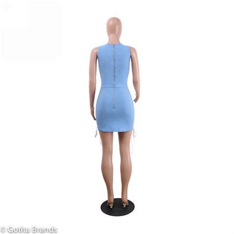 Mini Club Dress Spaghetti Strap Lace Up Trendy Sexy Outfit Light Blue
