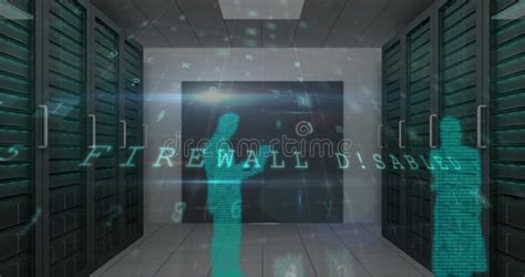 Image Of Cyber Attack Warning Over Silhouettes Of People In Server Room Stock Illustration