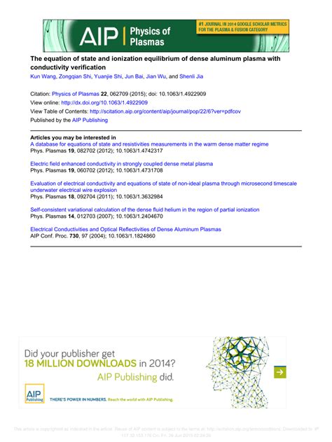 Pdf The Equation Of State And Ionization Equilibrium Of Dense Aluminum Plasma With