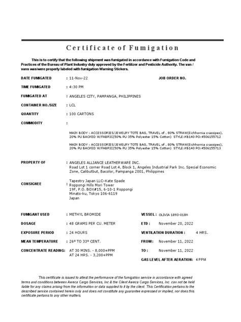 Draft Fumigation Certificate Sk226485001 Pdf