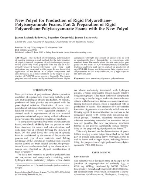 Pdf New Polyol For Production Of Rigid Polyurethane Polyisocyanurate