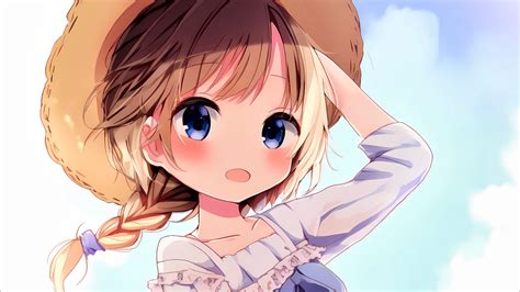 Purple Eyes Anime Girl Hat Light Purple Dress Brown Hair Sky Background