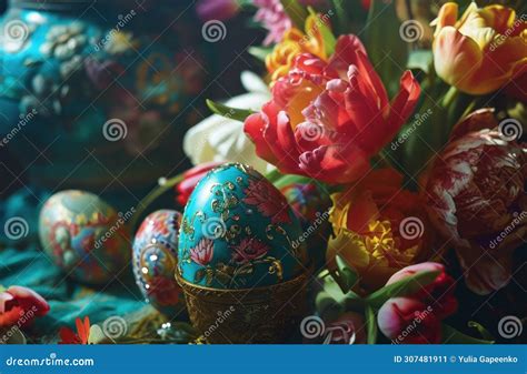 Easter Eggs Nestled In Tulips And A Sailor S Cap Stock Image Image Of