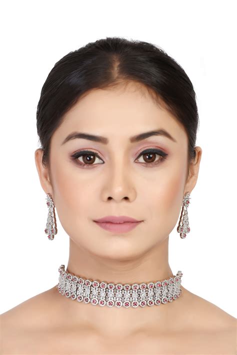 Silver And Raspberry Pink Necklace Set Roop Sari Palace