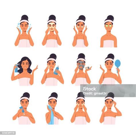 세트 젊은 여자 적용 메이크업 옷을 입고 수건 소녀 청소 및 케어 그녀의 얼굴 스킨 케어 스파 이완 얼굴 치료 개념 초상화 피부 관리에 대한 스톡 벡터 아트 및 기타 이미지