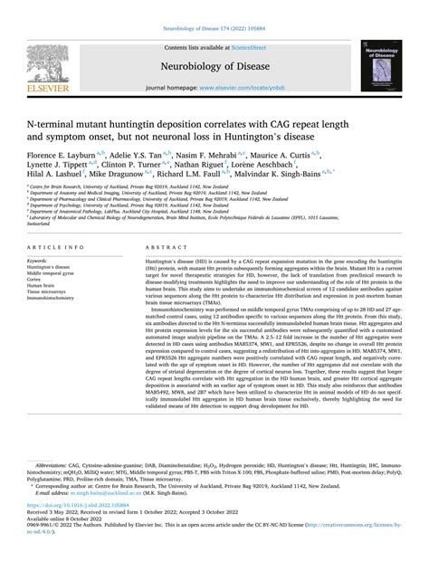 Pdf N Terminal Mutant Huntingtin Deposition Correlates With Cag Repeat Length And Symptom