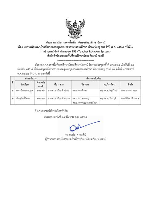 สำนักงานเขตพื้นที่การศึกษามัธยมศึกษาปัตตานี 🎉🎉ผลการพิจารณาการย้ายข้าราชการครูและบคลากรทาง