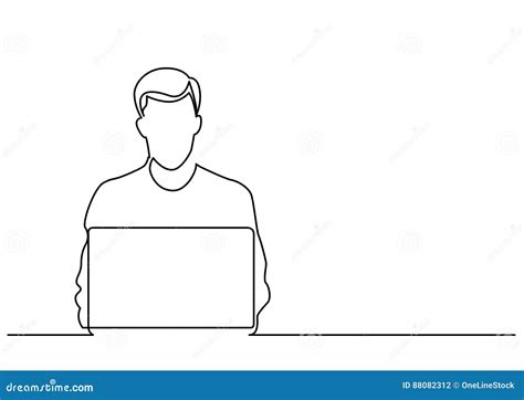 Continuous Line Drawing Of Man Sitting Behind Laptop Computer Stock Vector Illustration Of