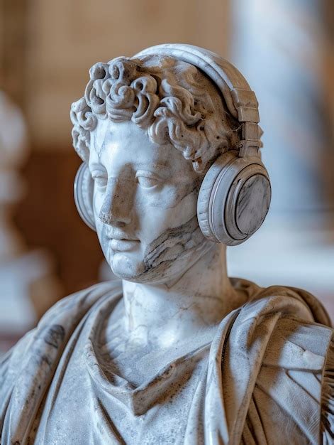 Premium Photo Ancient Roman Marble Statue Wearing Headphones Blurred