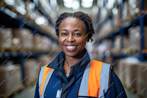 Premium Photo A Positive Female Storekeeper In Overalls Stands