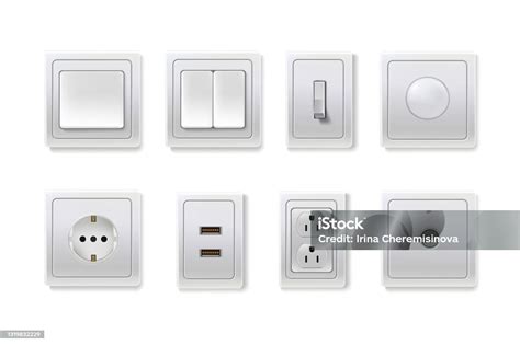 콘센트 소켓 스위치 세트 플러그 또는 전원 벡터 일러스트레이션을 위한 전력 커넥터입니다 백색 배경에 에너지 및 광 생산을위한 미국 유럽 장치 0명에 대한 스톡 벡터 아트 및