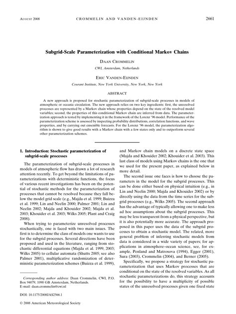 Pdf Subgrid Scale Parameterization With Conditional Markov Chains