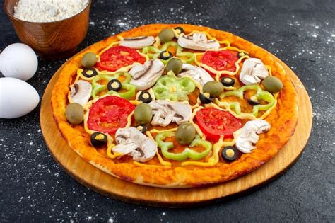 Free Photo Front View Tasty Mushroom Pizza With Red Tomatoes Bell