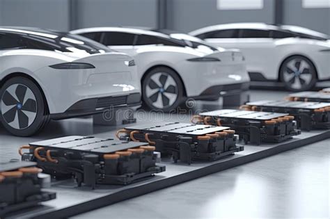 Electric Cars With Pack Of Battery Cells Module On Platform In A Row