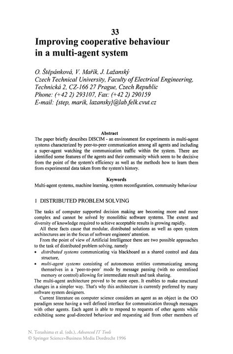 PDF Improving Cooperative Behaviour In A Multi Agent System