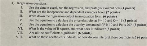 4 Regression Questions I Use The Data In Excel
