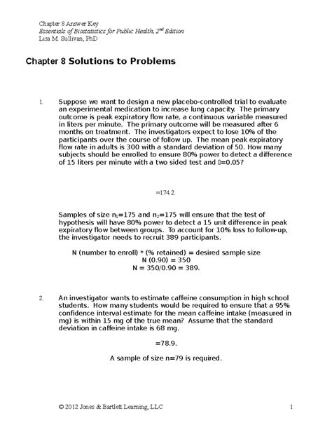 Chapter 8 Answer Key Essentials Of Biostatistics For Public Health Essentials Of