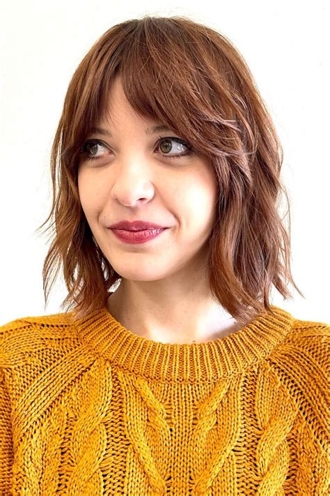 Chic Shoulder Length Haircuts With Bangs Textured Shaggy Bob With Tousled Waves
