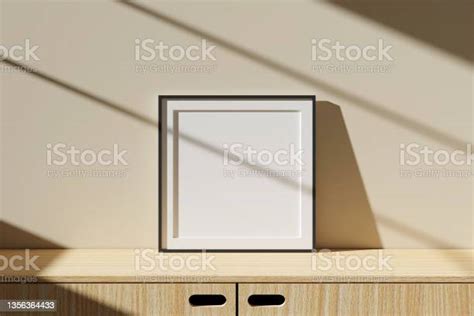 스퀘어 블랙 포스터 또는 사진 프레임 은 창 그림자거실 인테리어의 테이블에 모형 3d 렌더링 0명에 대한 스톡 사진 및 기타