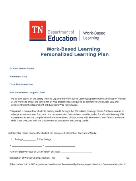 Personalized Learning Plan Packet For Wbl Word Corrected Pdf Workers Compensation Employment