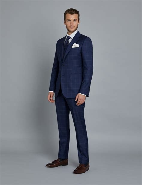 Mens Navy And Blue Windowpane Check Slim Fit Italian Suit 1913
