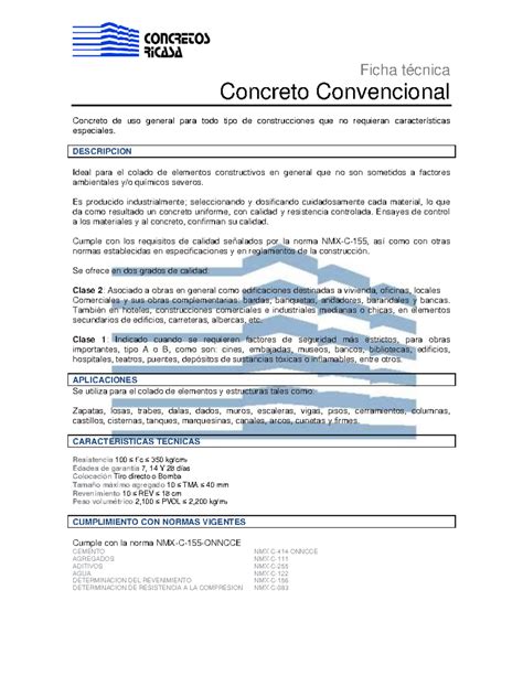 Fichas Tercnica Concreto Premezclado Ficha Técnica Concreto Convencional Concreto De Uso