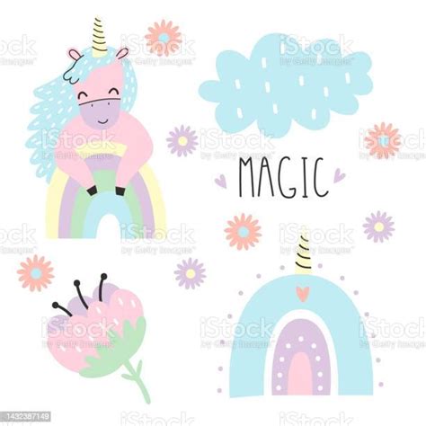 레이보우 꽃 구름 및 레터링 Magic이있는 귀여운 유니콘 세트 벡터 일러스트 레이 션 배경 주제에 대한 스톡 벡터 아트 및