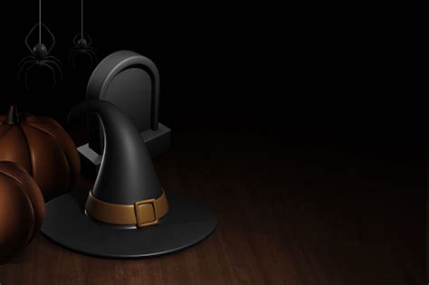 거미와 호박 3d 삽화가 있는 묘지 묘지에 있는 만화 재미있는 마녀 모자 10월에 대한 스톡 사진 및 기타 이미지 10월 3차원 형태 가을 Istock