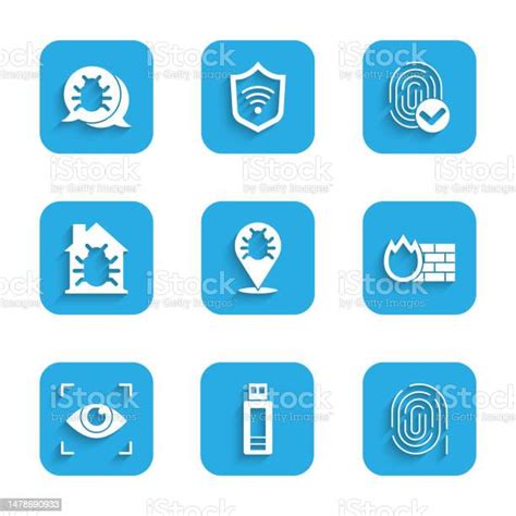 Set System Bug Usb Flash Drive Fingerprint Firewall Security Wall Eye Scan House System And Icon