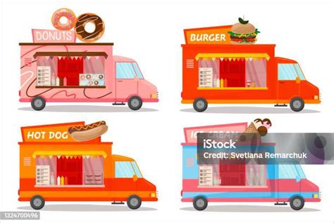세트와 길거리 음식 밴의 다른 유형 아이스크림 핫도그 햄버거 도넛을 곁들인 자동차 흰색 배경에서 격리된 벡터 그림입니다 광고 전단지 전단지 스티커 및 웹용 푸드 트럭에 대한