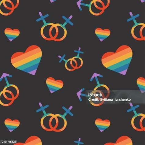무지개 깃발 요소 성별 기호 Lgbtq 기호 슬로건 및 문구가 있는 원활한 패턴 게이 프라이드 상징에 대한 스톡 벡터 아트 및