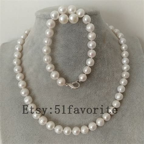 Pearl Necklace Bracelet Earrings Set Cultured 9 10 White Etsy