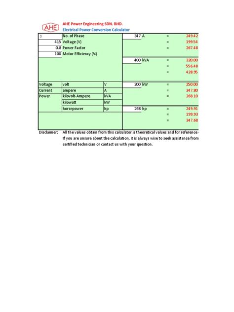 Electrical Power Conversion Calculator Ahe Power Engineering Sdn Bhd
